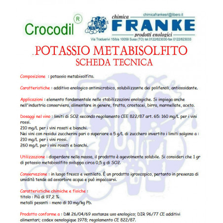 E224 Potassio Metabisolfito Gr.100 al miglior prezzo su Alfa & Omega